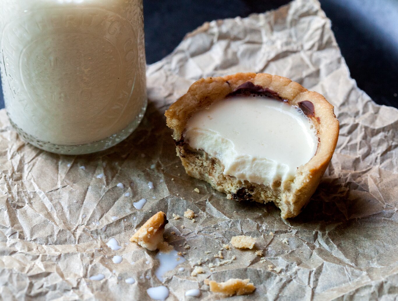 Chocolate Chip Cookie Cups with Panna Cotta Milk | Spache the Spatula