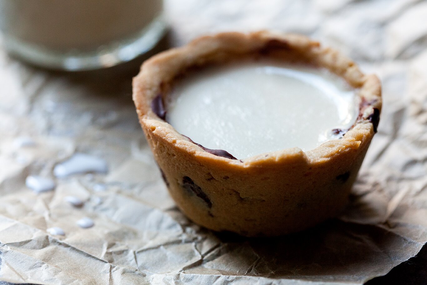 Chocolate Chip Cookie Cups with Panna Cotta Milk | Spache the Spatula